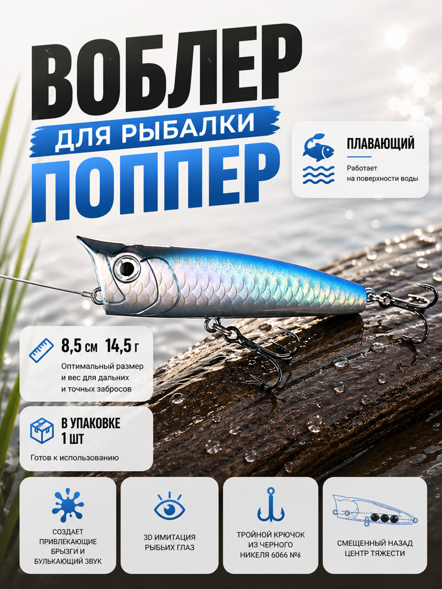 Воблер Jet Splashing Popper для рыбалки, с тройным крючком, имитация рыбной чешуи 8,5 см/14,5 г, серебристо-голубой