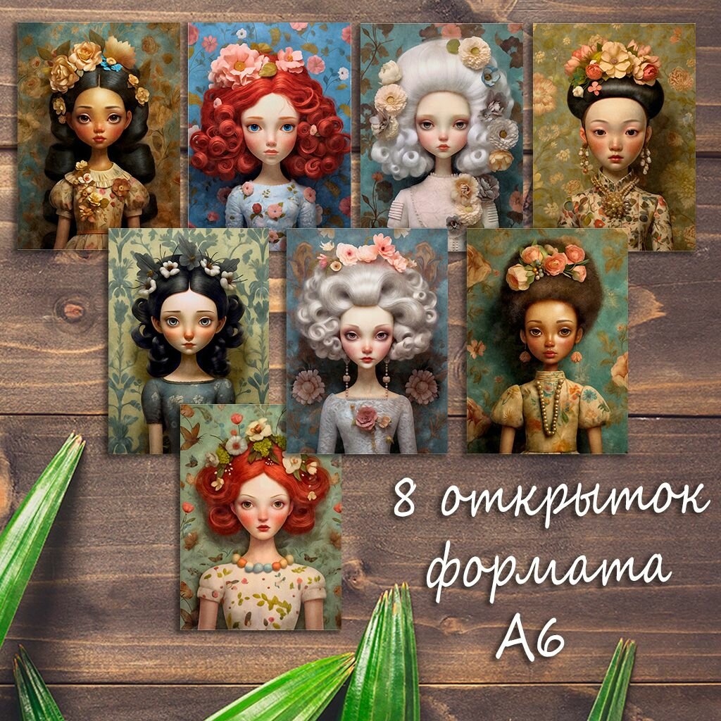 Большой набор открыток Винтажные девушки, 8 штук