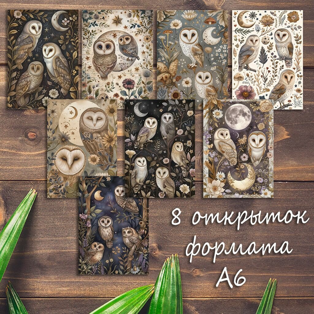 Большой набор открыток Совы, 8 штук