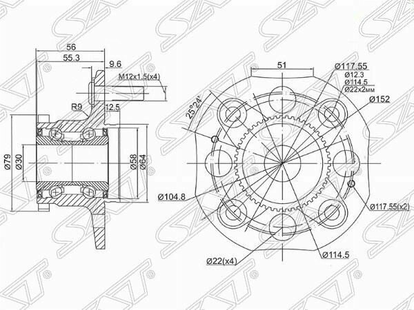 Ступичный узел задний SAT ST-42200-S84-C51 HONDA ACCORD/TORNEO 2.0-2.3 98-02 с ABS