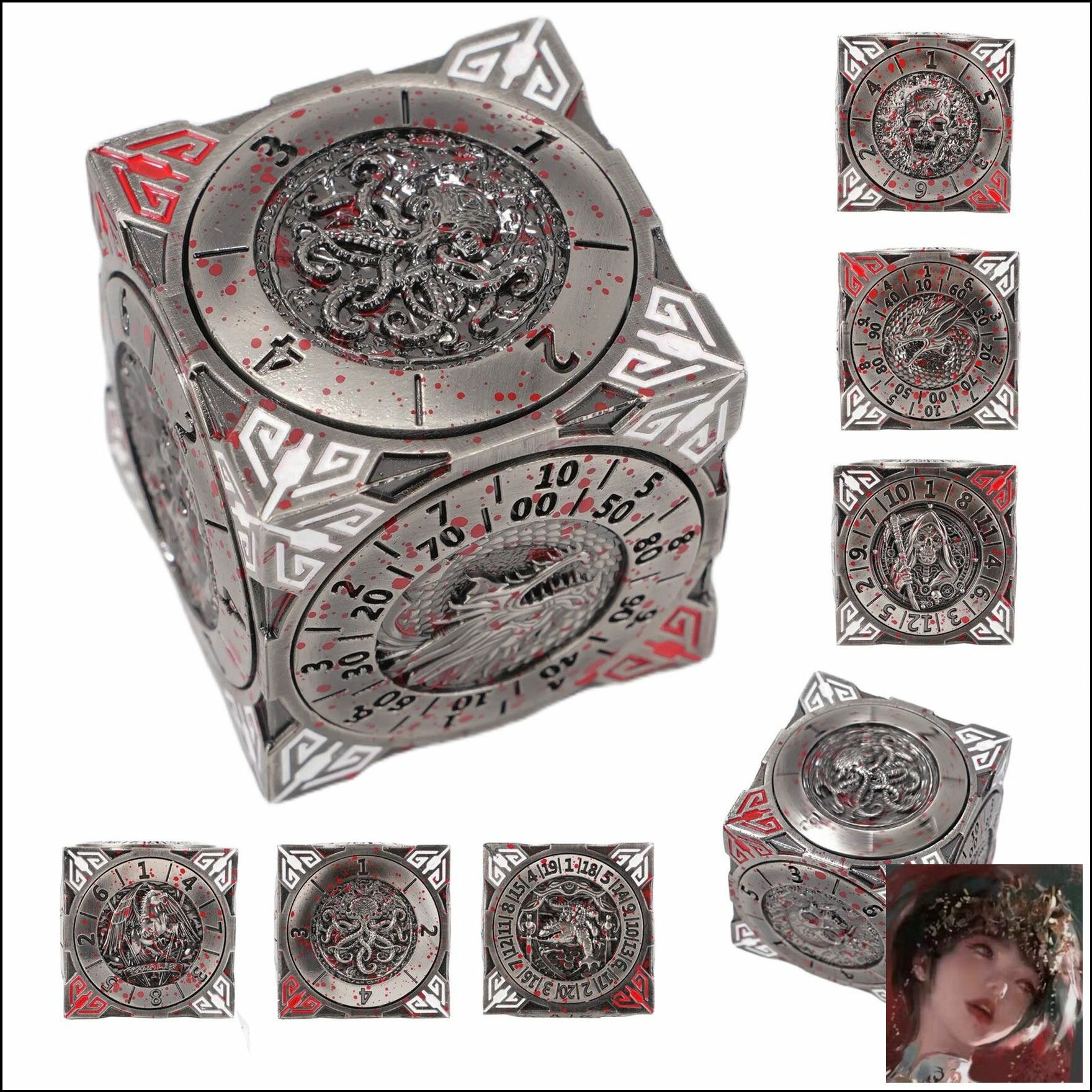 2025 Новые DND Spinner Dice, металлические кубики 7-в-1 с трехмерным облегчением для подземелий и подарков Dragons, многогранных ролевых игровых костей, аксессуаров RPG Fantasy D & D для DM & Player.