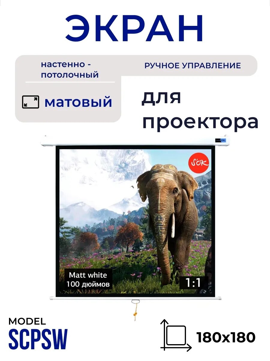 Экран для проектора S'OK SCPSW-180x180 100 1:1 настенно-потолочный, ручной, матовый, белый