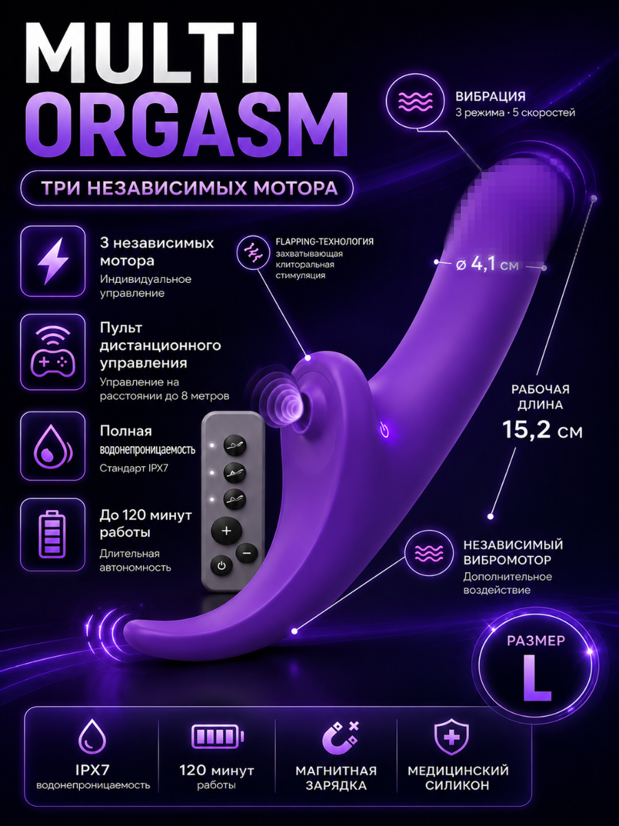 Фаллоимитатор Strap-on-me MULTI ORGASM DILDO со стимуляцией клитора и вибрацией L, фиолетовый