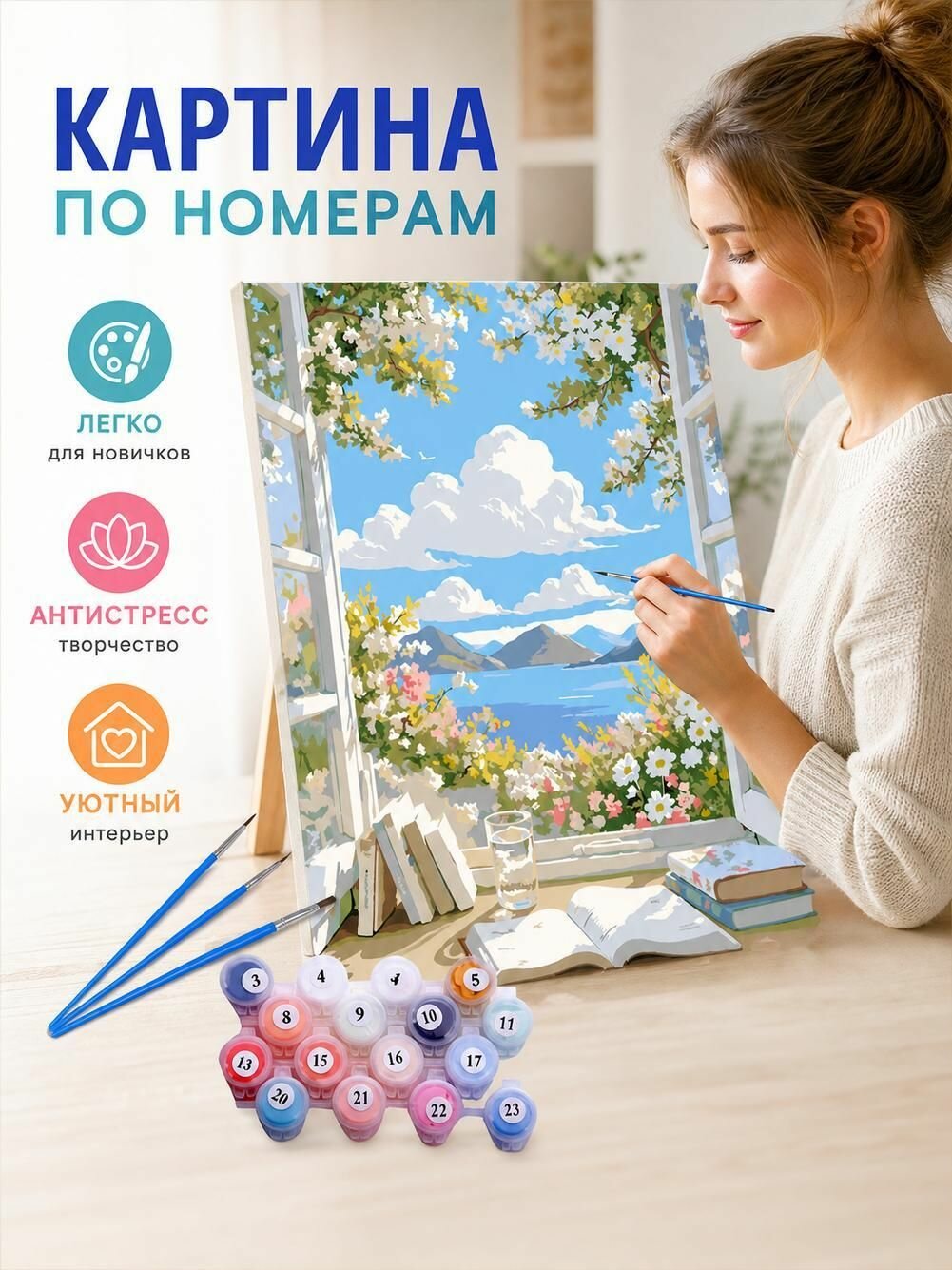 DIY цифровая картина, раскраска по номерам, (Раскраска по номерам на холсте + набор акриловых красок)