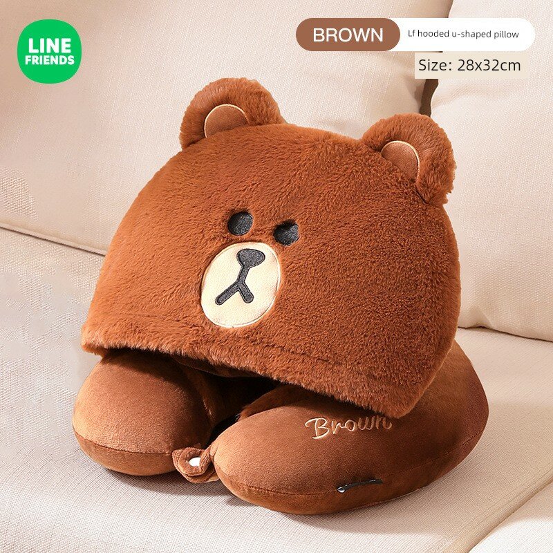 LINE FRIENDS Коричневый худи-подушка U-образная для шеи в поездку - компактная подушка для автомобиля