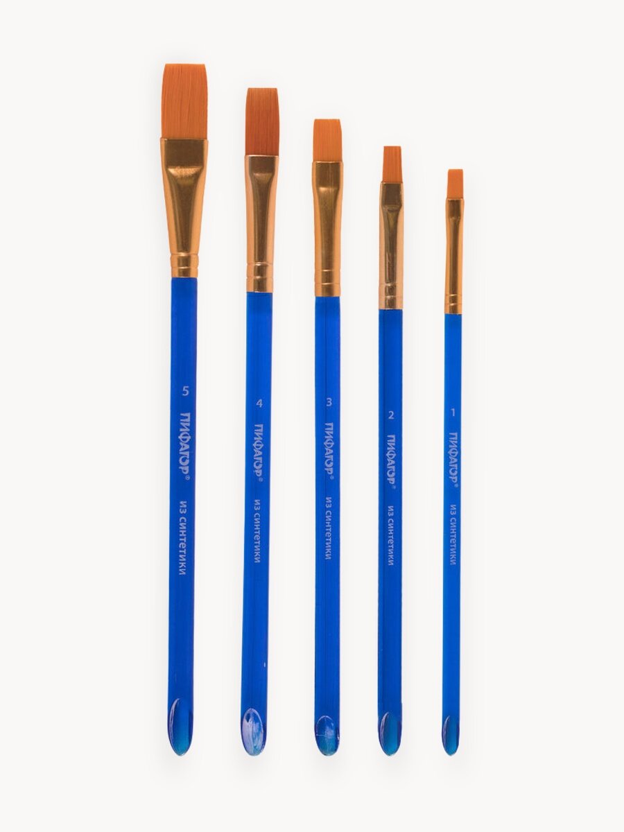 Кисти Пифагор, набор 5 шт. (Синтетика: плоские № 1, 2, 3, 4, 5), пакет с европодвесом, 200888