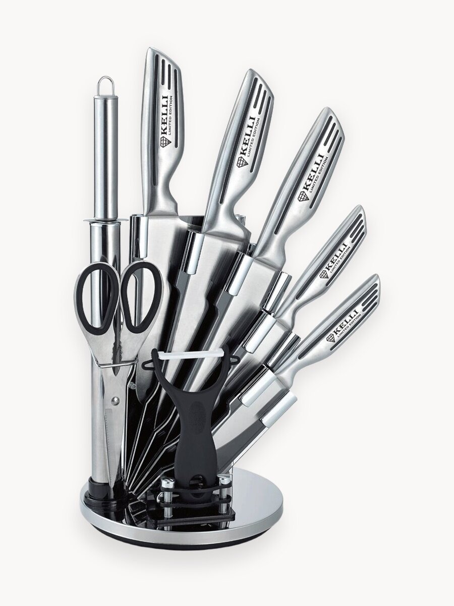 Набор Kelli KL-2124, 5 ножей, овощечистка, ножницы и мусат с подставкой