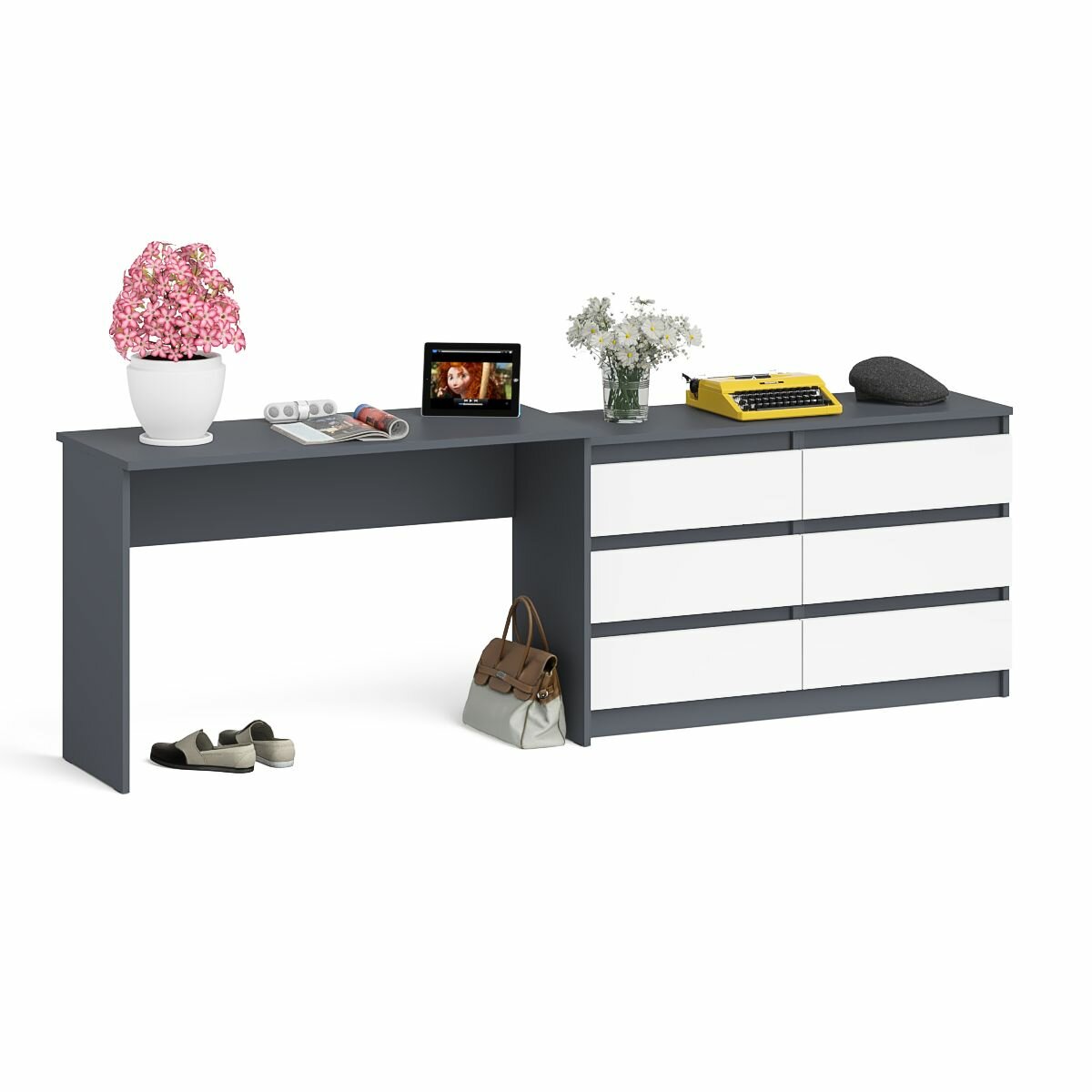 Стол письменный СВК Мори МСП-1200 с широким комодом цвет графит/белый, 240,8х50х76,6 см.