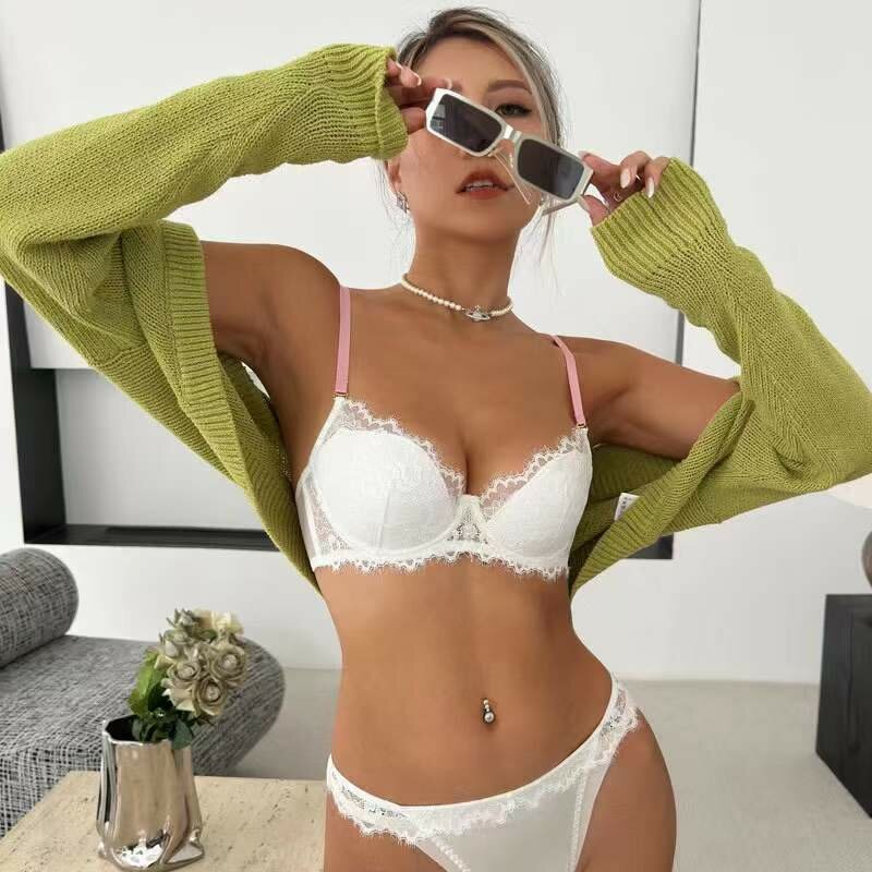 Сексуальное кружевное белье во французском стиле для женщин, комплект бюстгальтера с тонкими чашечками, визуально увеличивающий маленькую грудь и придающий ей эффект пуш-ап, бюстгальтер с цветовыми блоками, вызывающими выброс дофамина. Белый цвет.