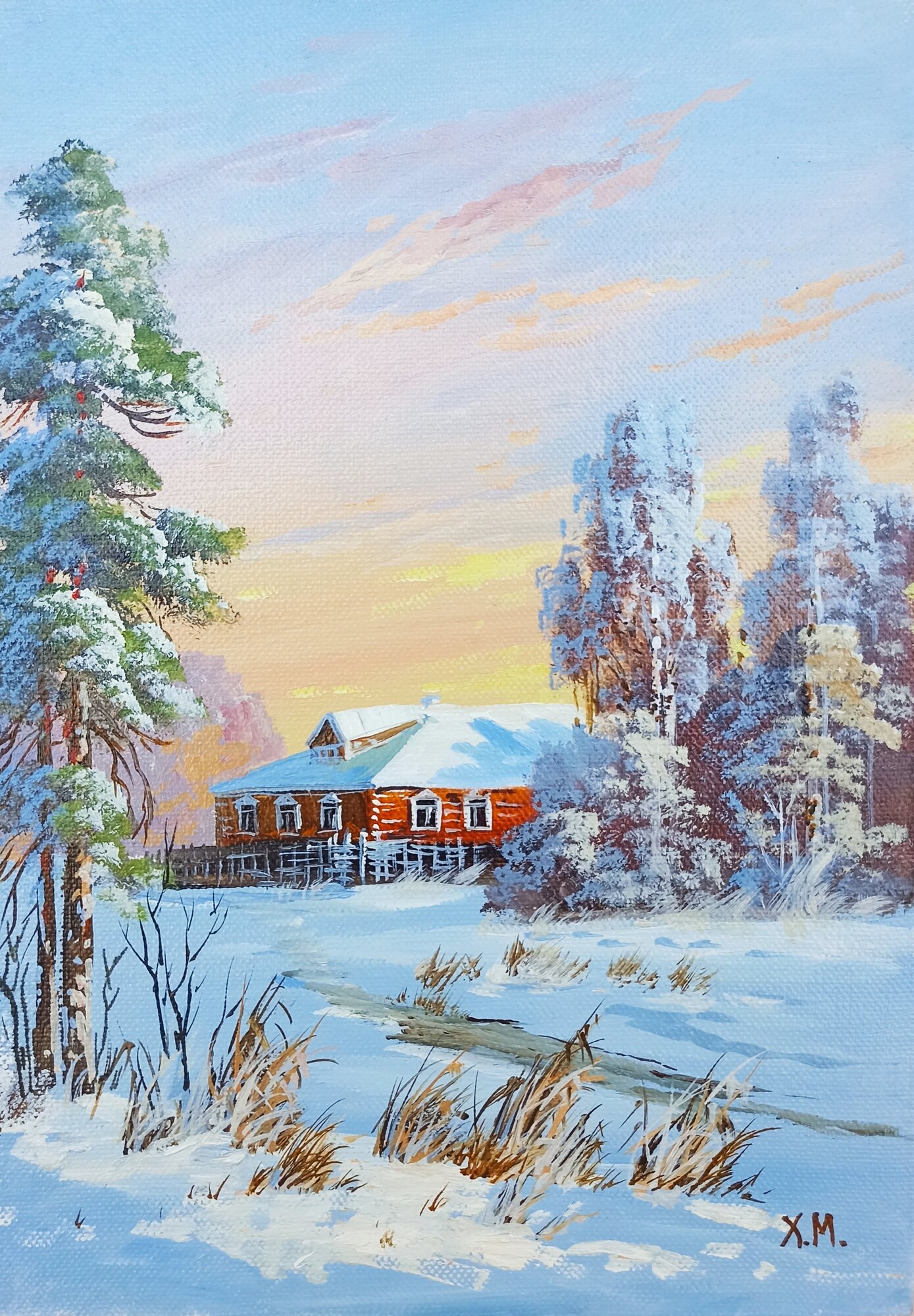 Картина масло/холст. 100% ручная работа, 100% живопись от Художественной мастерской Грëзы. Картина из серии "Деревенские пейзажи". Зима. Домики. Сугробы. Речка. Размер картины 20х30 см.