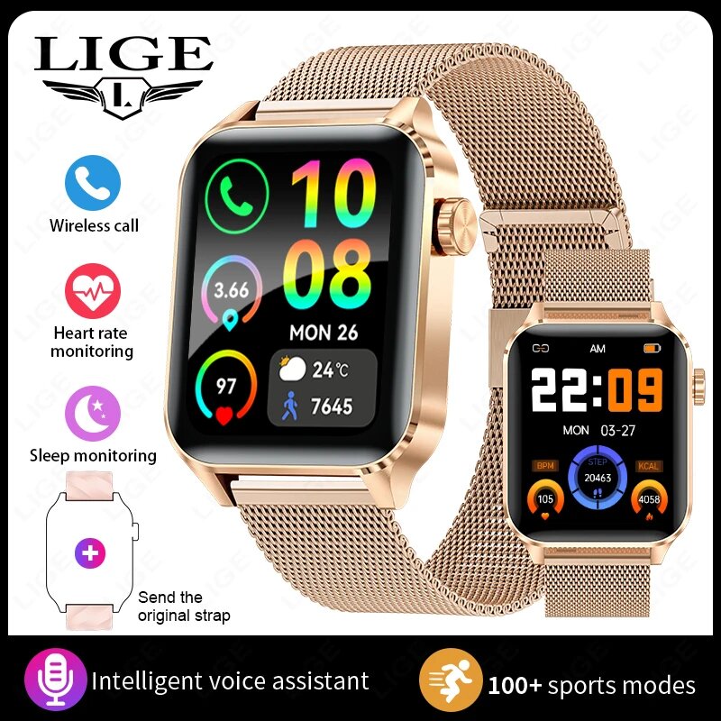 LIGE Умные часы женские Rose gold Mesh