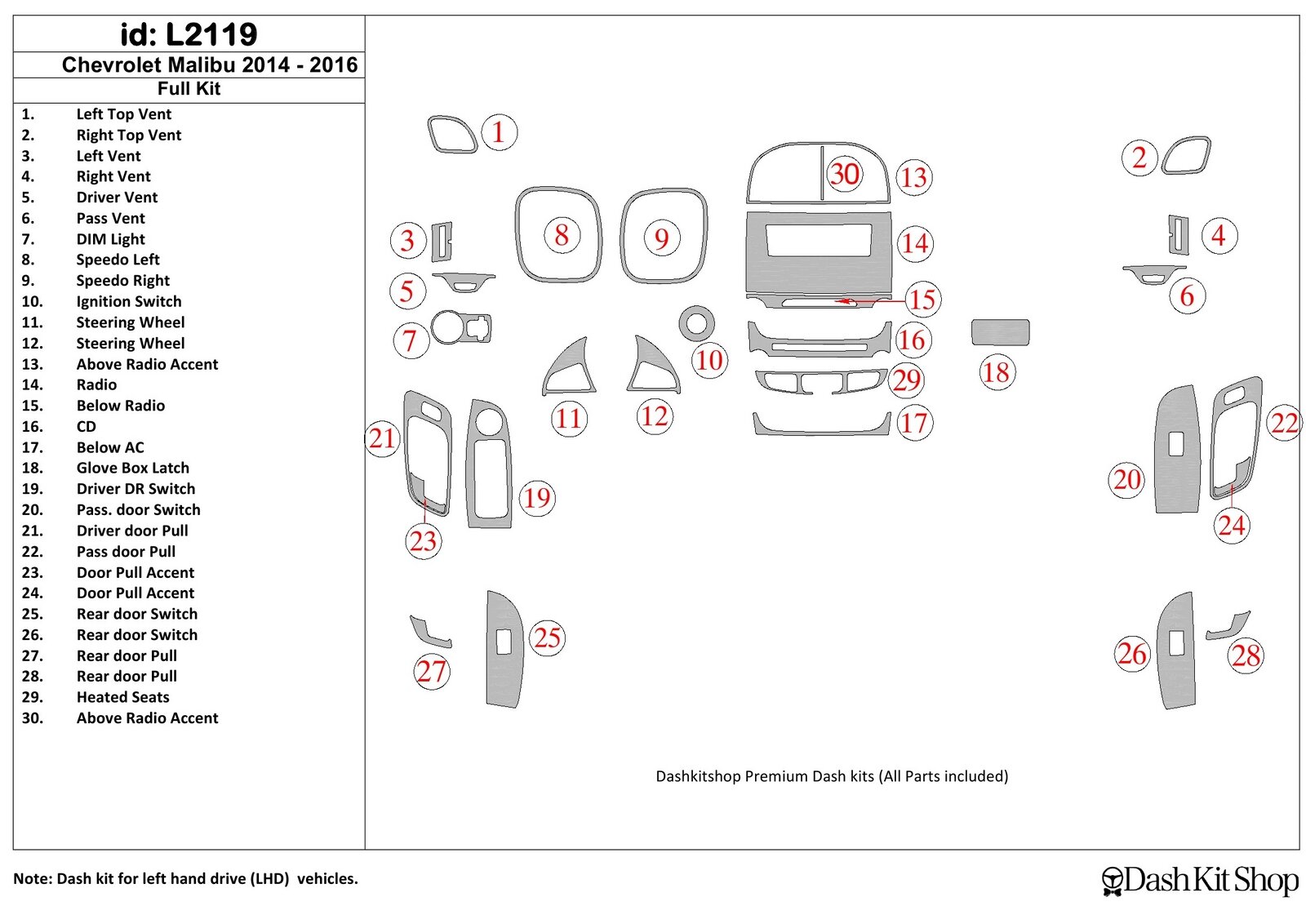 Накладки салона под дерево, карбон, алюминий для Chevrolet Malibu 2014-2016. Комплект L2119.