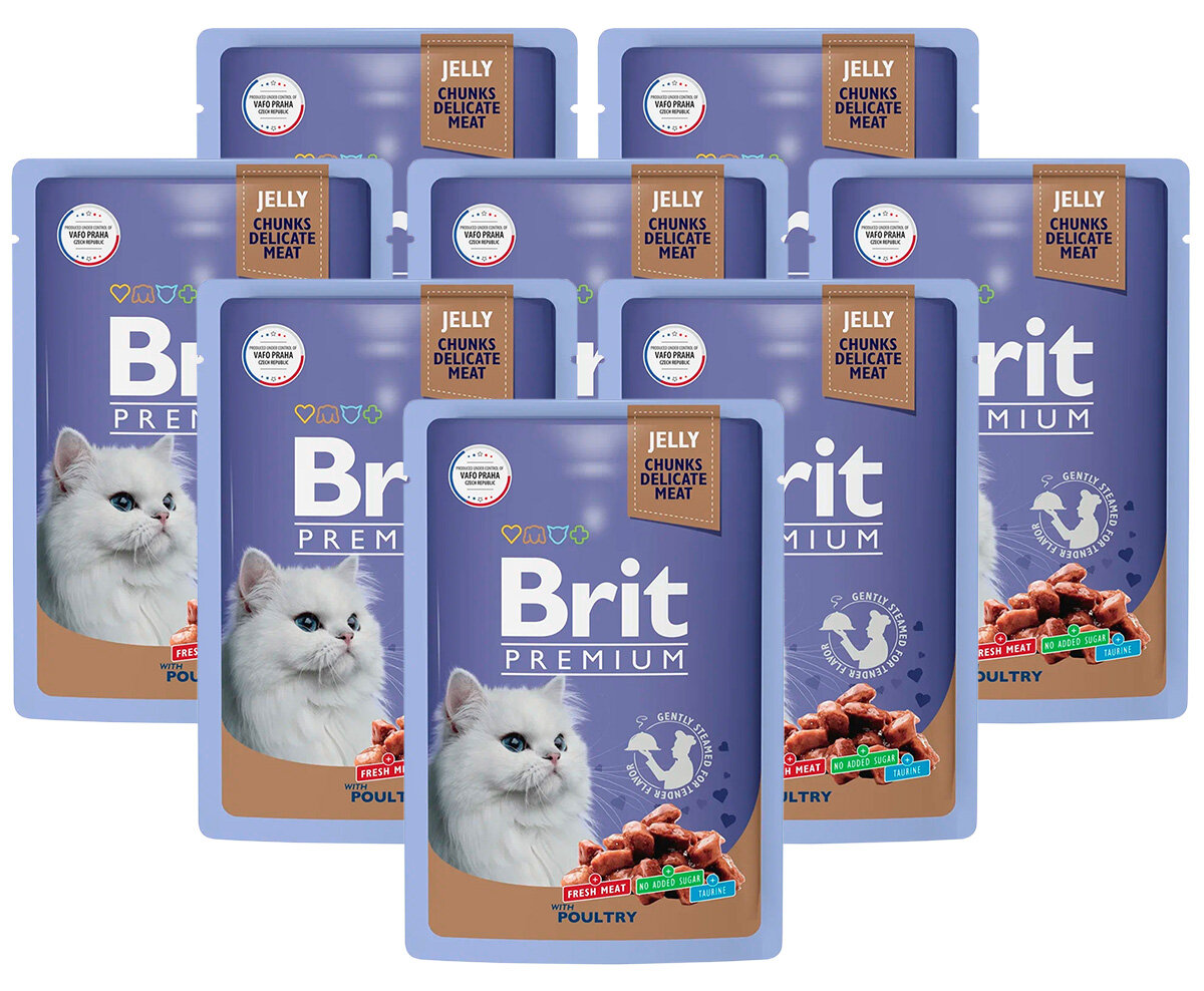 Корм влажный Brit Premium для взрослых кошек c ассорти из птицы пауч кусочки в желе, 85 г х 8 шт