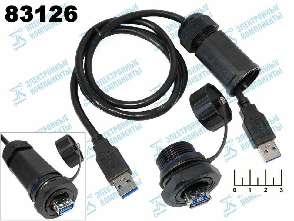 Переходник USB 3.0 2 гнезда с крышкой в панель влагозащищенный + шнур USB-USB 1м M25USBZ1-3.0G-1M