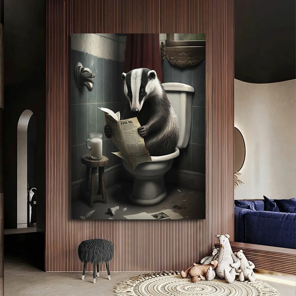 Картина в туалет, ванную комнату Барсук читает газету, 50х70 см.