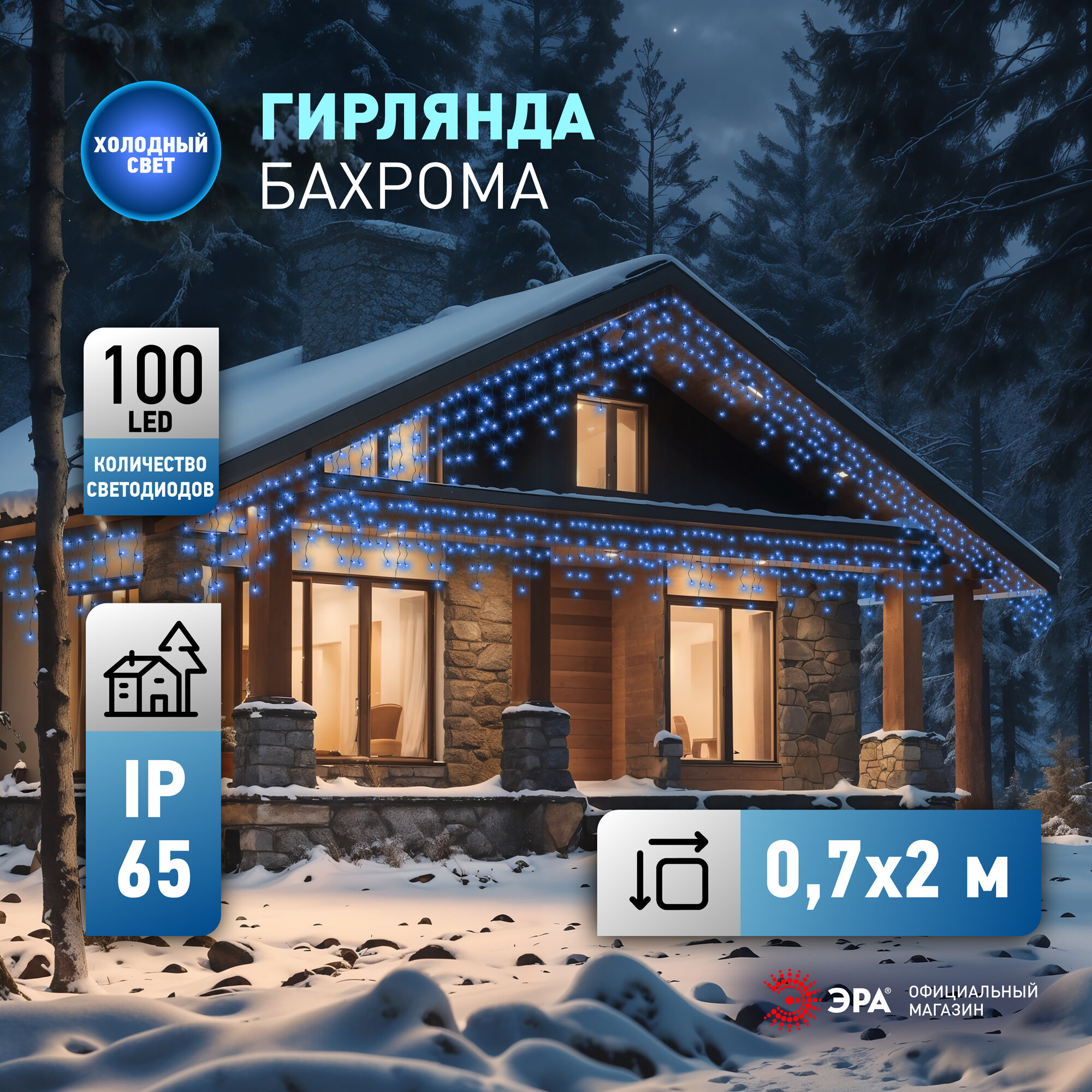 Гирлянда новогодняя бахрома ЭРА ERAPS-BK1 на окно IP65 0,7x2 м 100 LED холодный белый свет