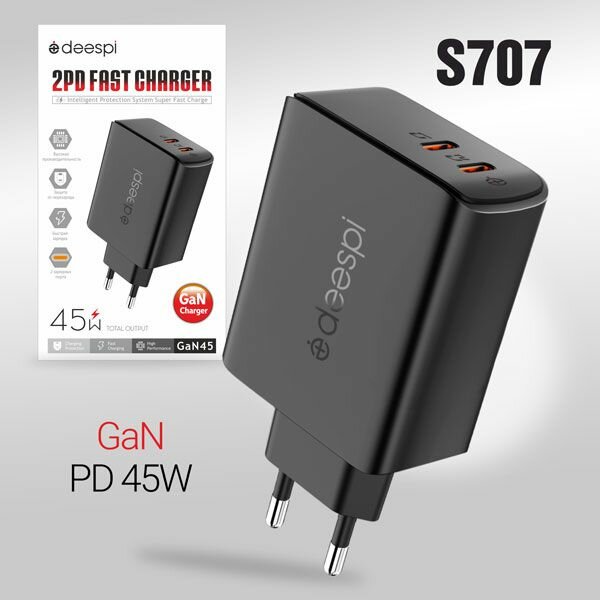 Сетевое зарядное устройство для телефона deespi GaN45 C-C 45W Black / Зарядка для Andoid и Iphone / Блок питания