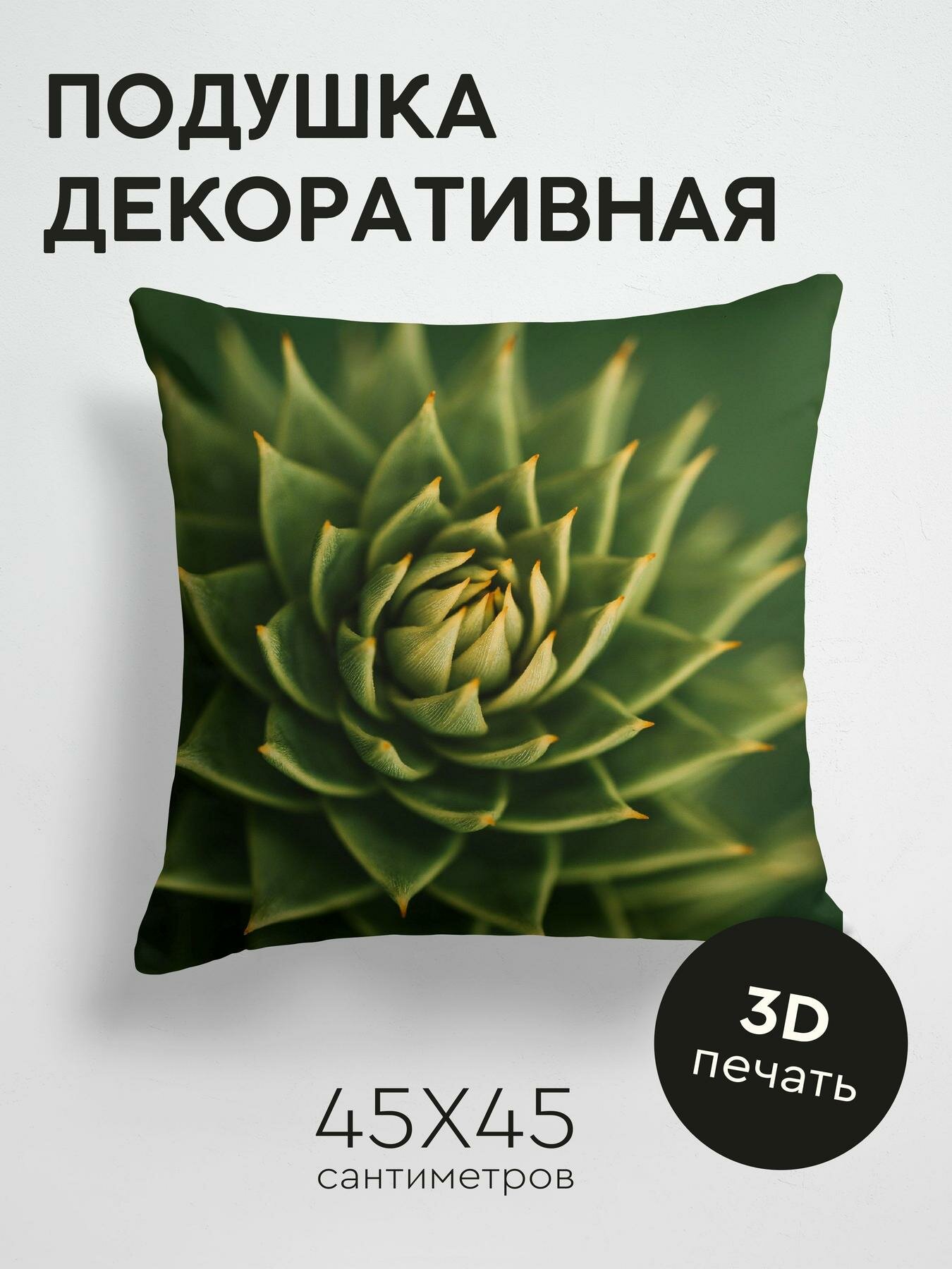 Подушка декоративная, 45x45см / Макро / суккулент / растение / колючий / зеленый