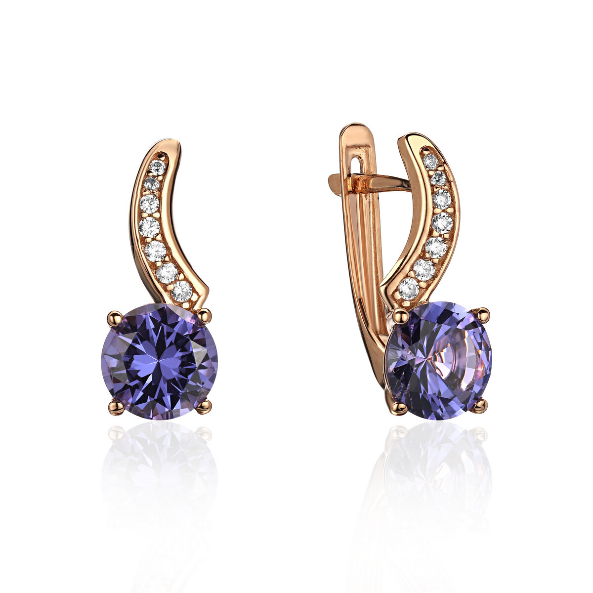 Серьги, красное золото, 585 проба, танзанит, фианит