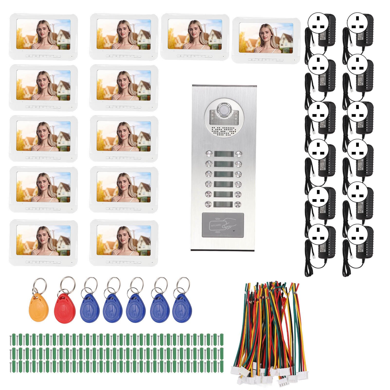 Video Intercom System 12 Indoor Screen 7in Color LCD Hands Free Apartment for Household 100‑240V UK Plug
