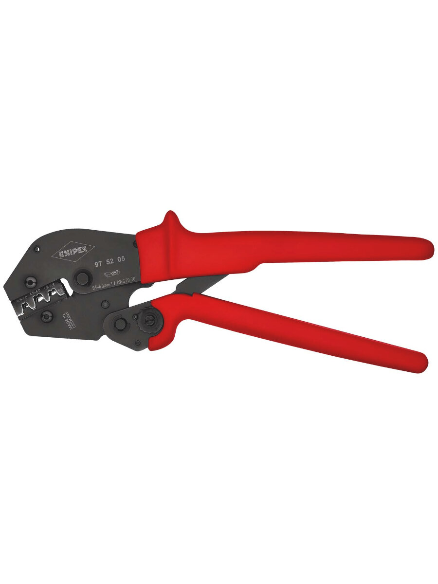 Пресс-клещи KNIPEX, 3 гнезда, штекеры открытые неизолированные 4.8/6.3 мм, 0.5-6.0 кв. мм, длина 250 мм KN-975205