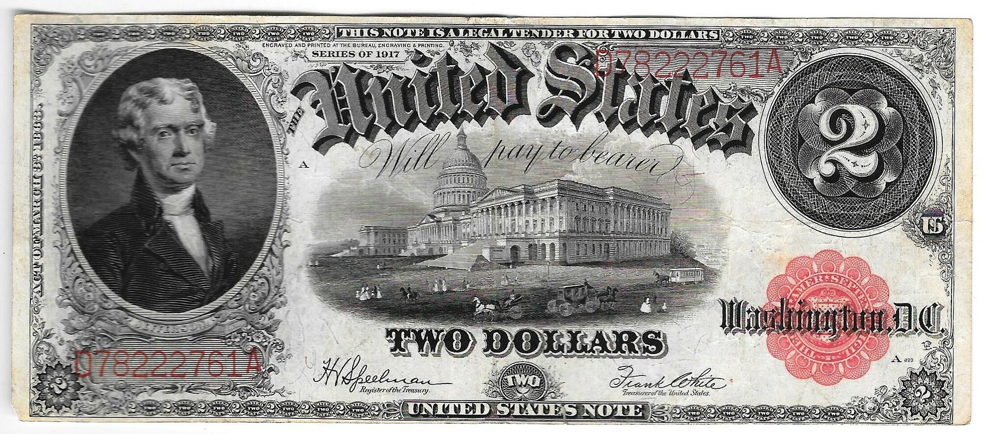 Банкнота 2 доллара 1917 США