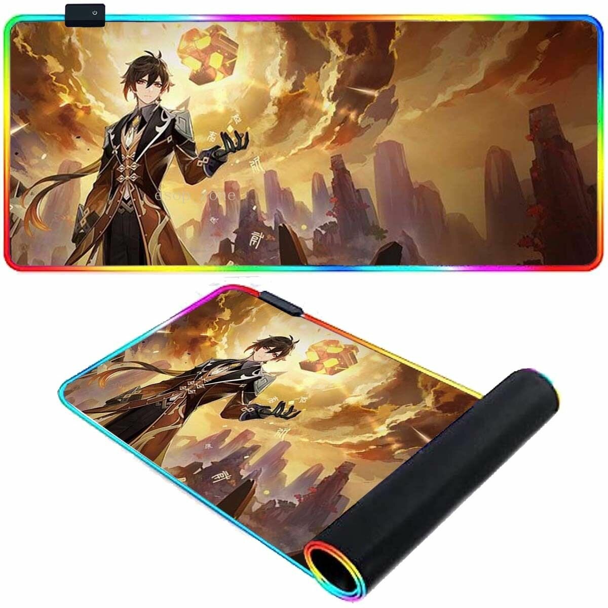 Коврик для мышки игровой Genshin / Геншин Zhongli Сёгун Райдэн с RGB подсветкой 90x40 cm