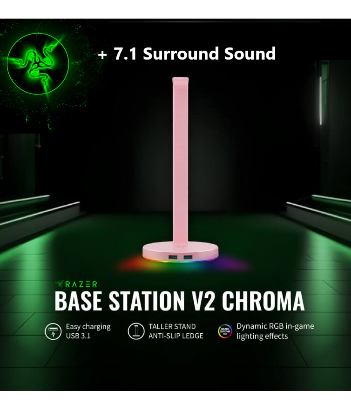 Подставка для наушников Razer Base Station V2 Chroma с зарядом гарнитуры и мыши, доступ к +7.1 Surround sound, Pink