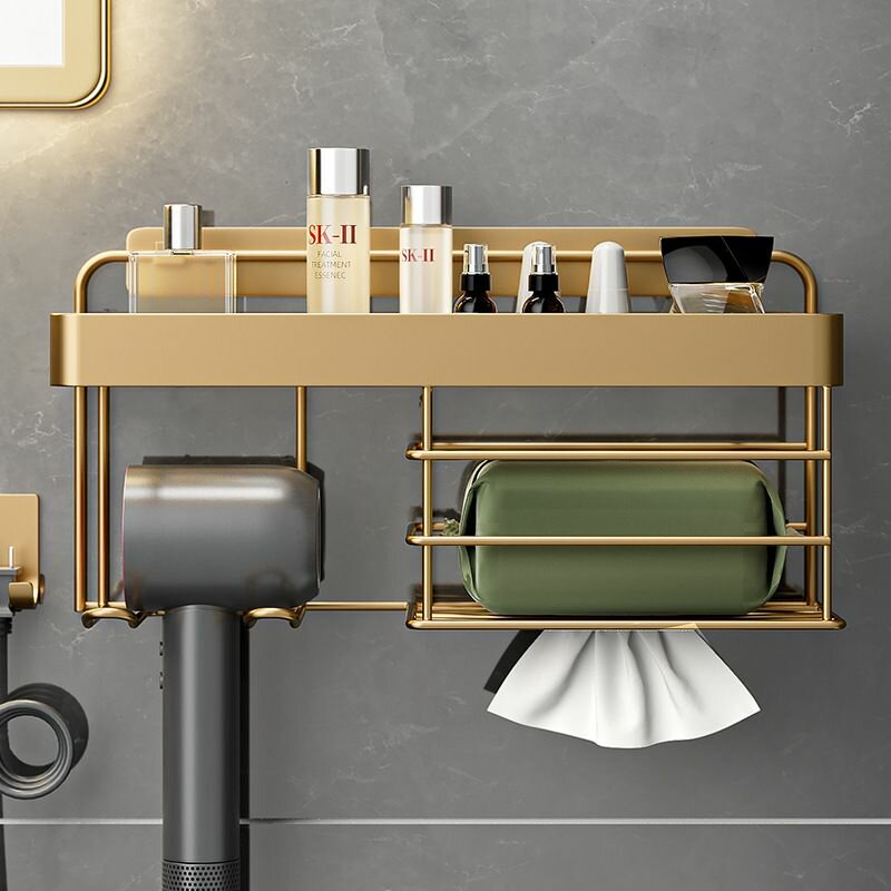 Держатель настенный, полка в ванную для фена Dyson, золотистая матовая, легкая установка