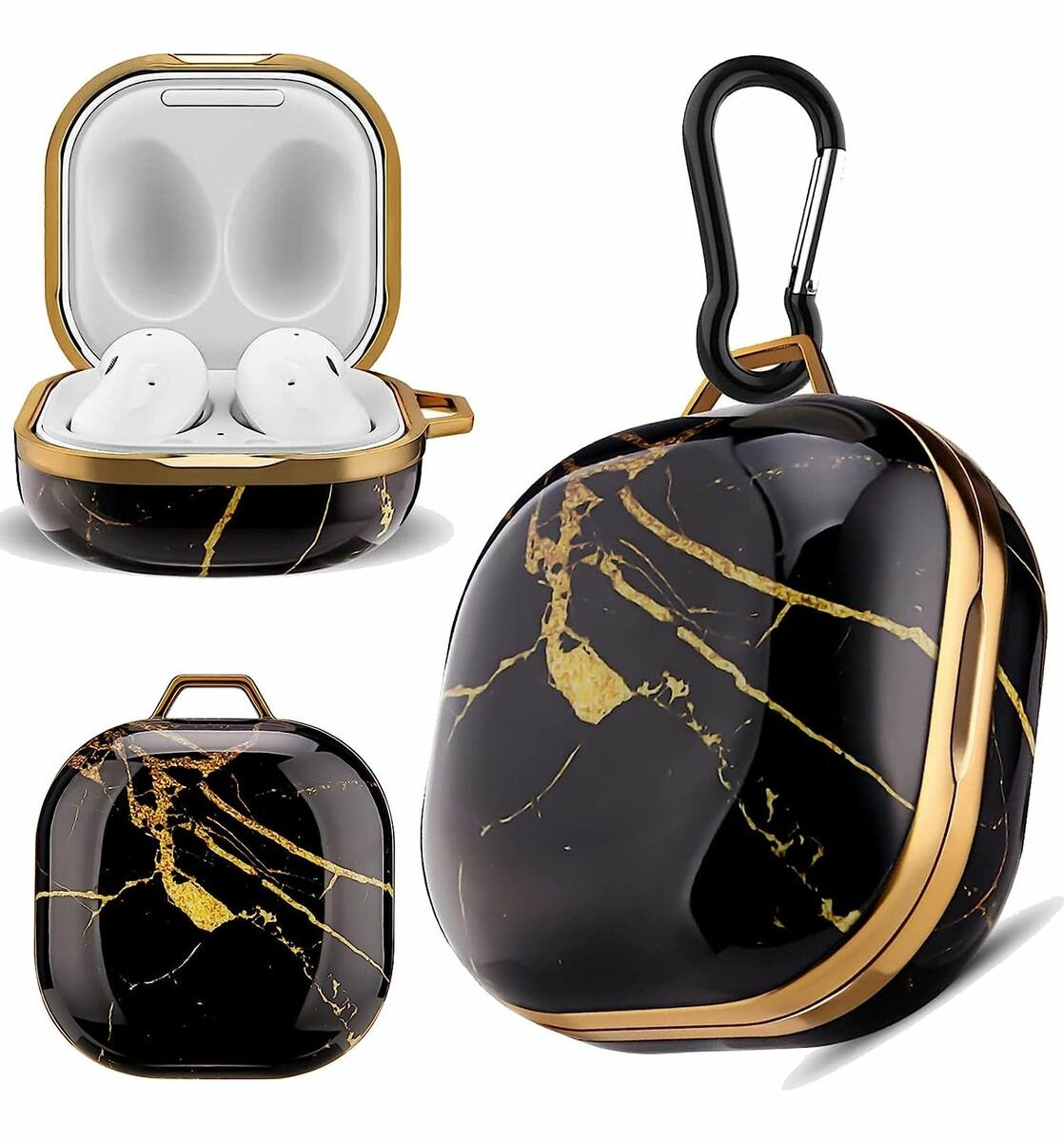 Модный жесткий чехол с брелоком для Samsung Galaxy Buds 2 Pro FE Live, Чёрный мрамор