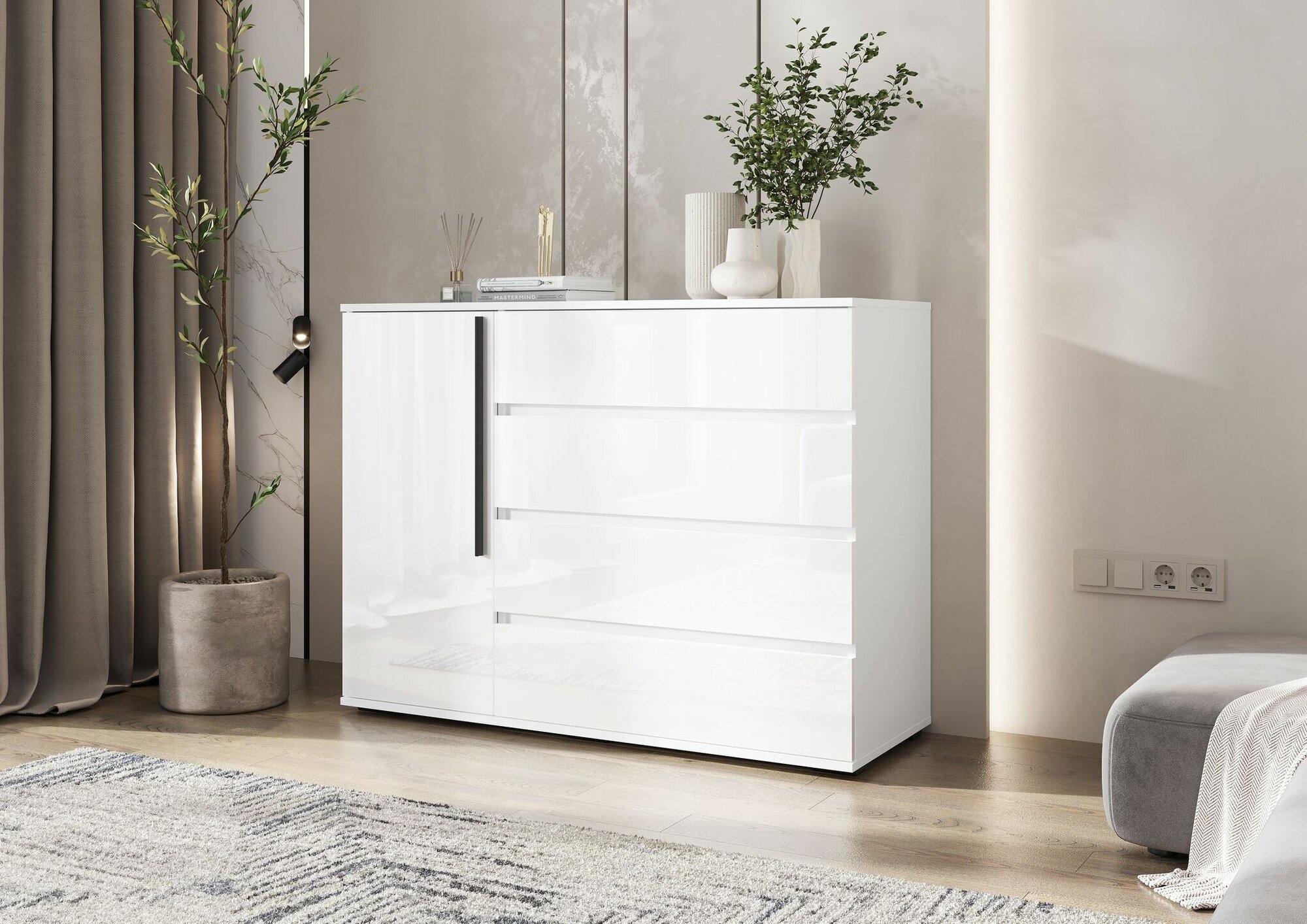 Норд Комод 1 дверь 4 ящика (1200) (Белый глянец, Белый) (Миф)