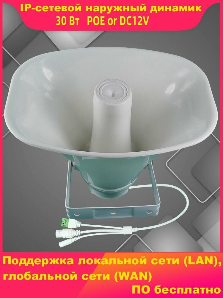 Уличный влагозащищенный рупорный громкоговоритель для IP-системы оповещения, 30 Вт, с питанием через PoE