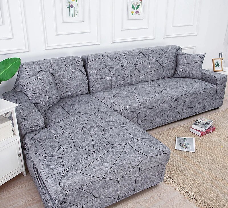 Чехлы для угловых диванов S-EMIGA, геометрический принт, Medium 145-185cm 1PC, Серый, color 30
