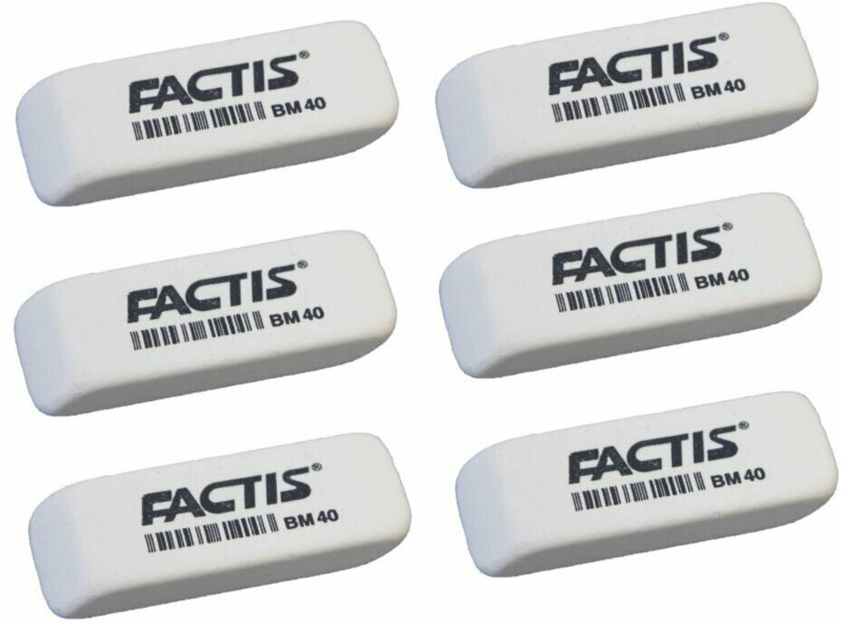 Набор 6 штук - Ластик FACTIS BM 40 (Испания), 52х20х7 мм, белый, прямоугольный, скошенные края