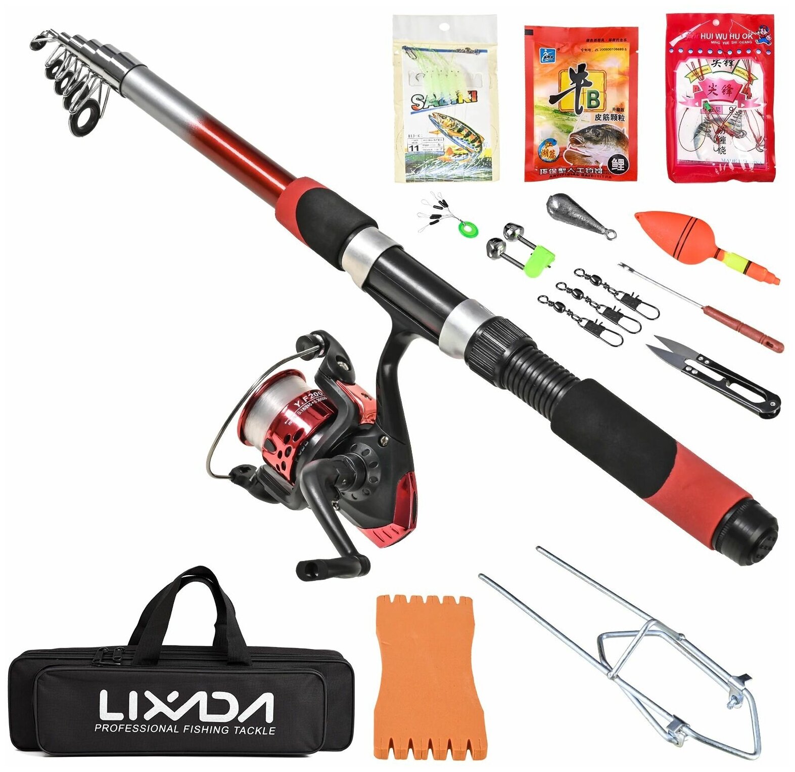 Набор для рыбалки - спиннинг (удочка), катушка, чехол, снасти (красный)
