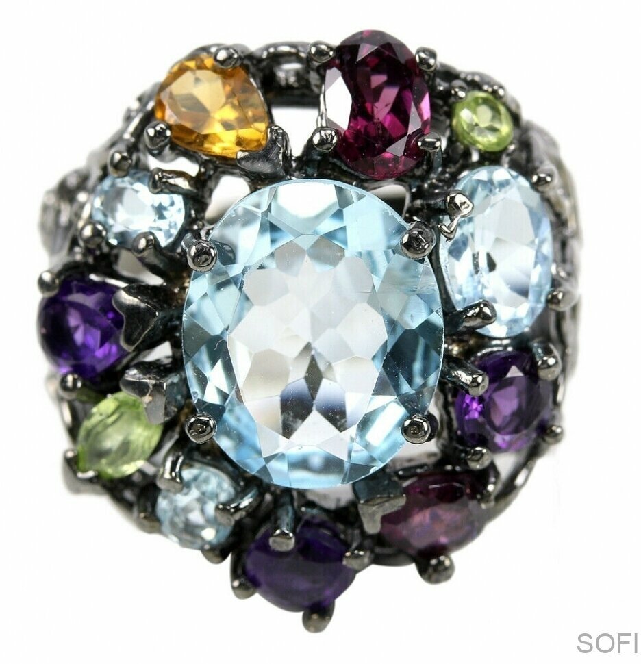 Перстень, серебро, 925 проба, чернение, топаз