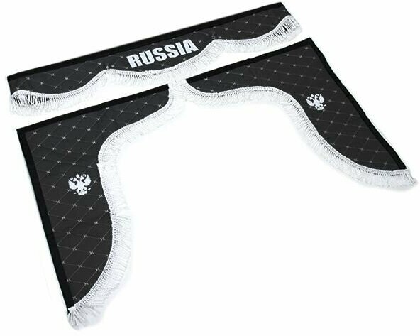 Ламбрекен лобовой 1.5м. экокожа с надписью RUSSIA + боковые c рисунком (черный + белая бахрома)