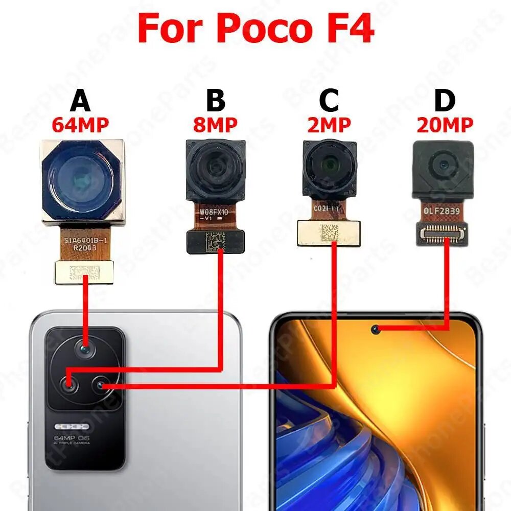Камера для Xiaomi Poco F4, задняя часть спереди, передняя часть, задняя камера для селфи, модуль, запасные части для мобильного телефона Camera ABC