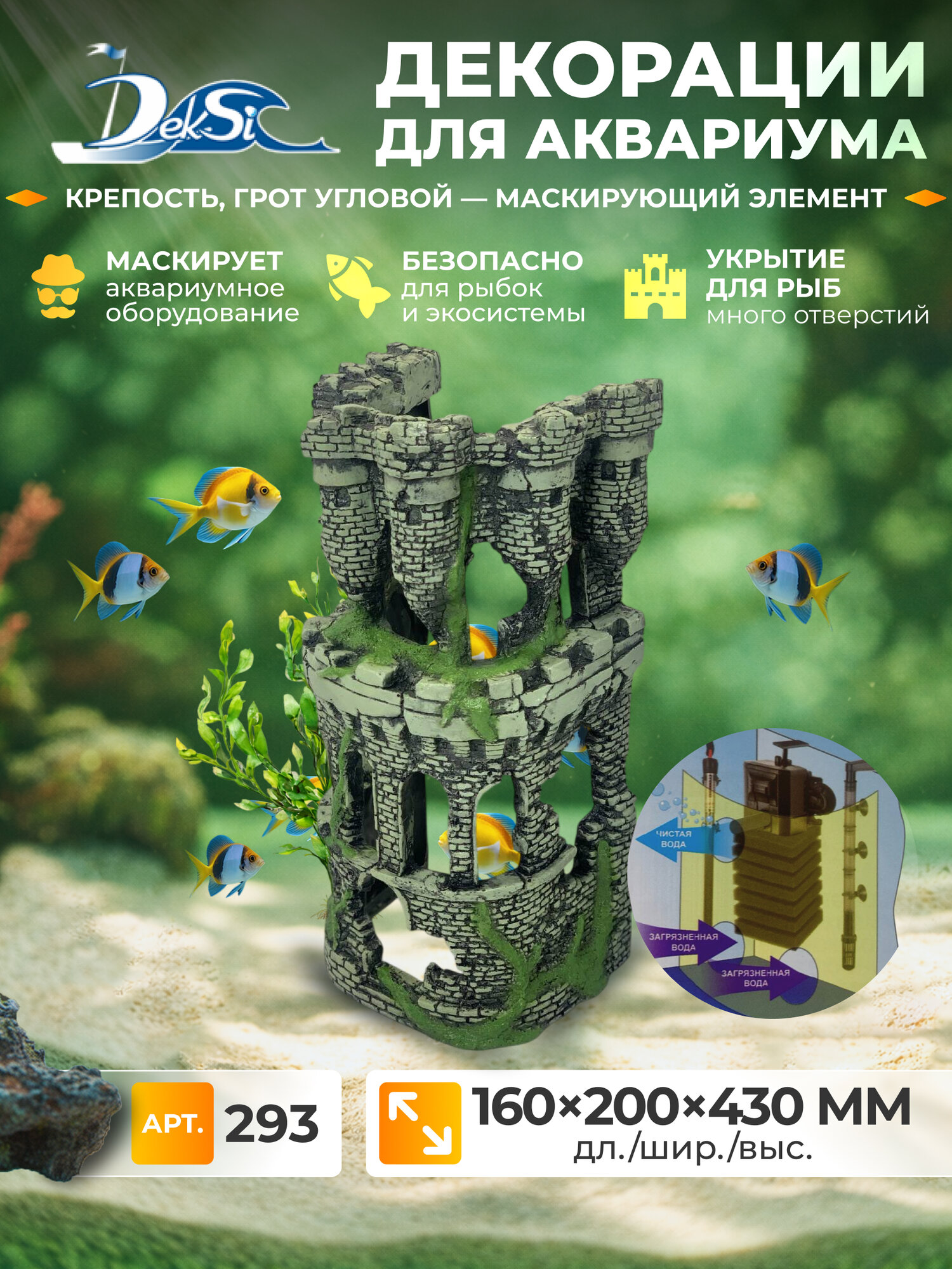 Декорация для аквариума Крепость, грот DEKSI 293 маскирующий элемент для фильтра и обогревателя
