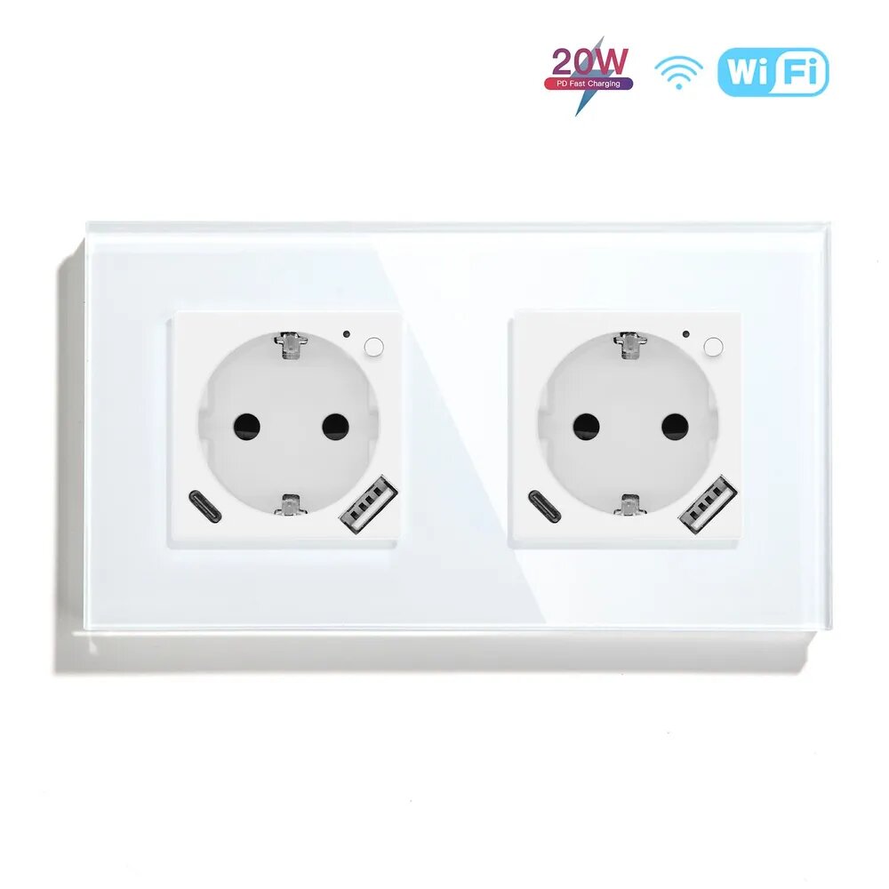 Розетка Умная WiFi двойная с USB и type-C входами, быстрая зарядка 20W, с мониторинг потребления, рамка стекло Белая