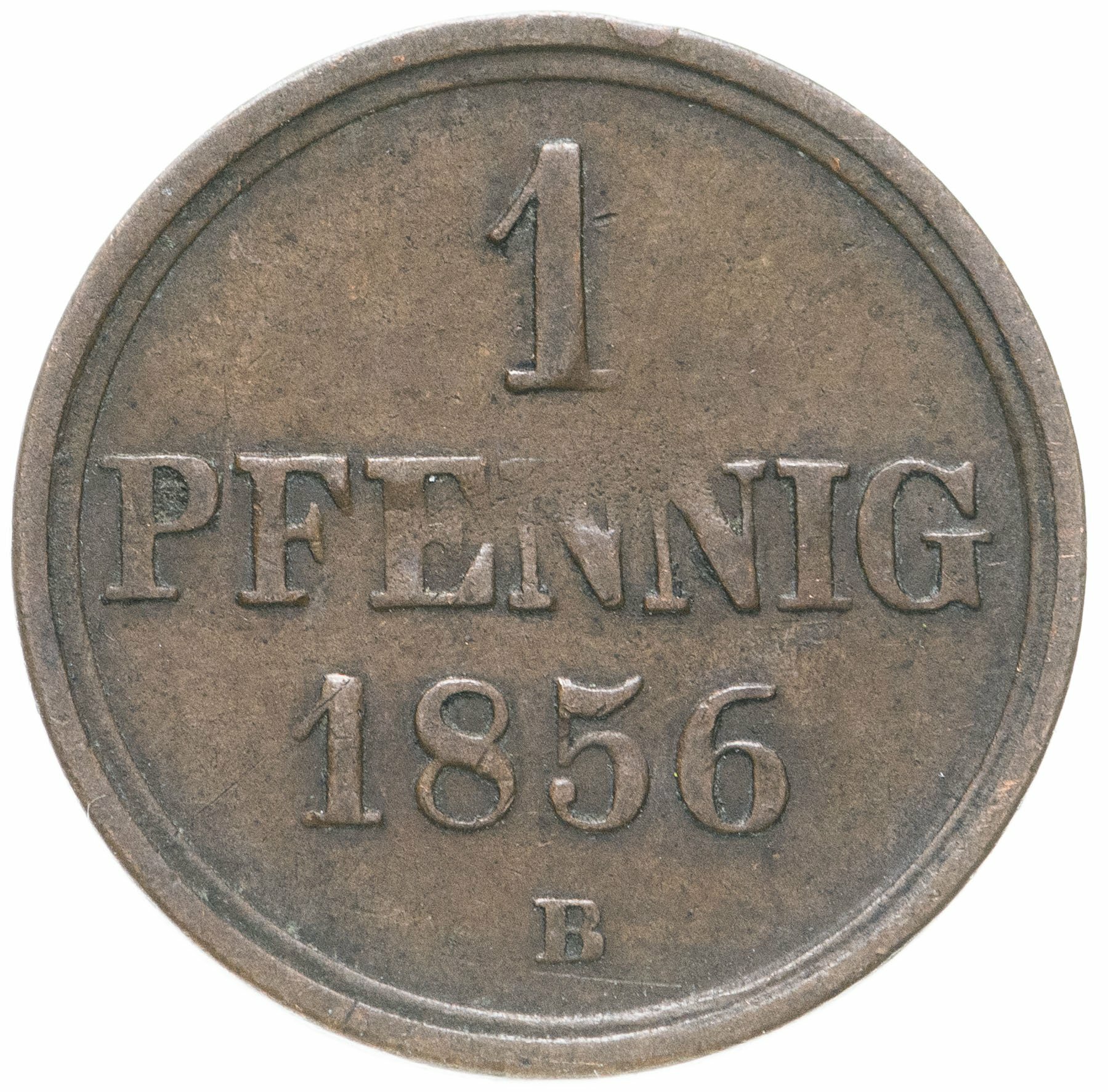 Германия, Брауншвейг-Вольфенбюттель 1 пфенниг pfennig 1856, Медь, в сохранности VF