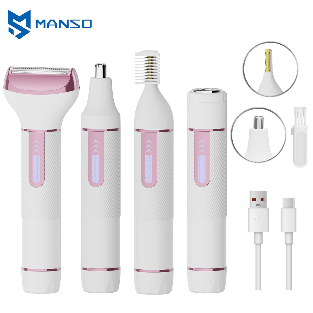 Электрическая бритва, 4 в 1, водонепроницаемая, для разных зон, с насадками, белая