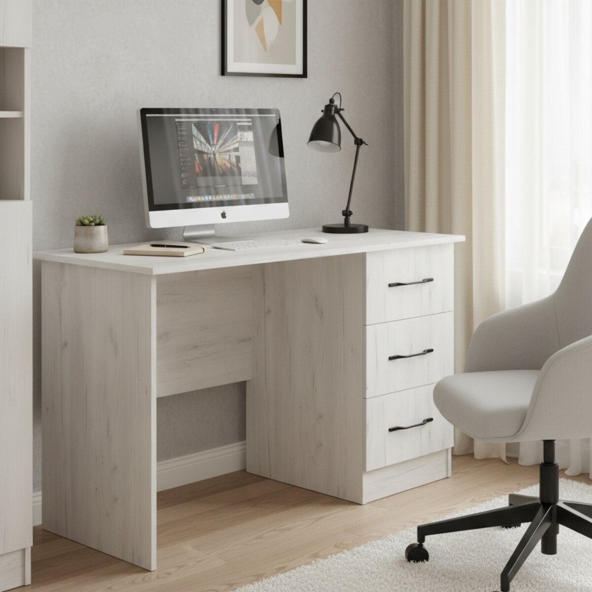 Стол компьютерный письменный Памир ПКС-3 с ящиками, Дуб крафт белый, Ширина 1118 мм х Высота 756 мм х Глубина 570 мм.