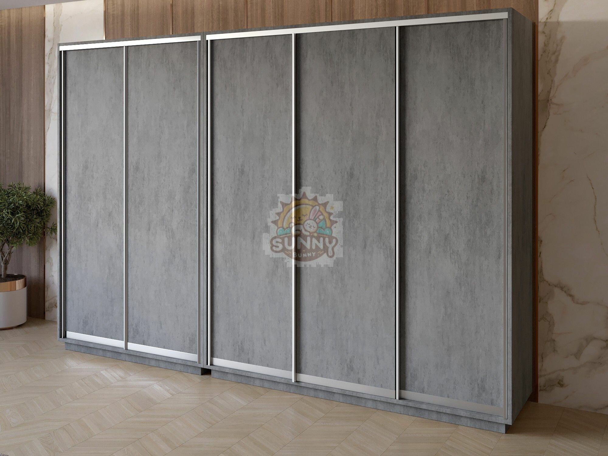 Шкаф-купе Вилли 5-ти дверный модульный (2+3) ЛДСП, профиль серебро, 300х60х220 см. Бетон