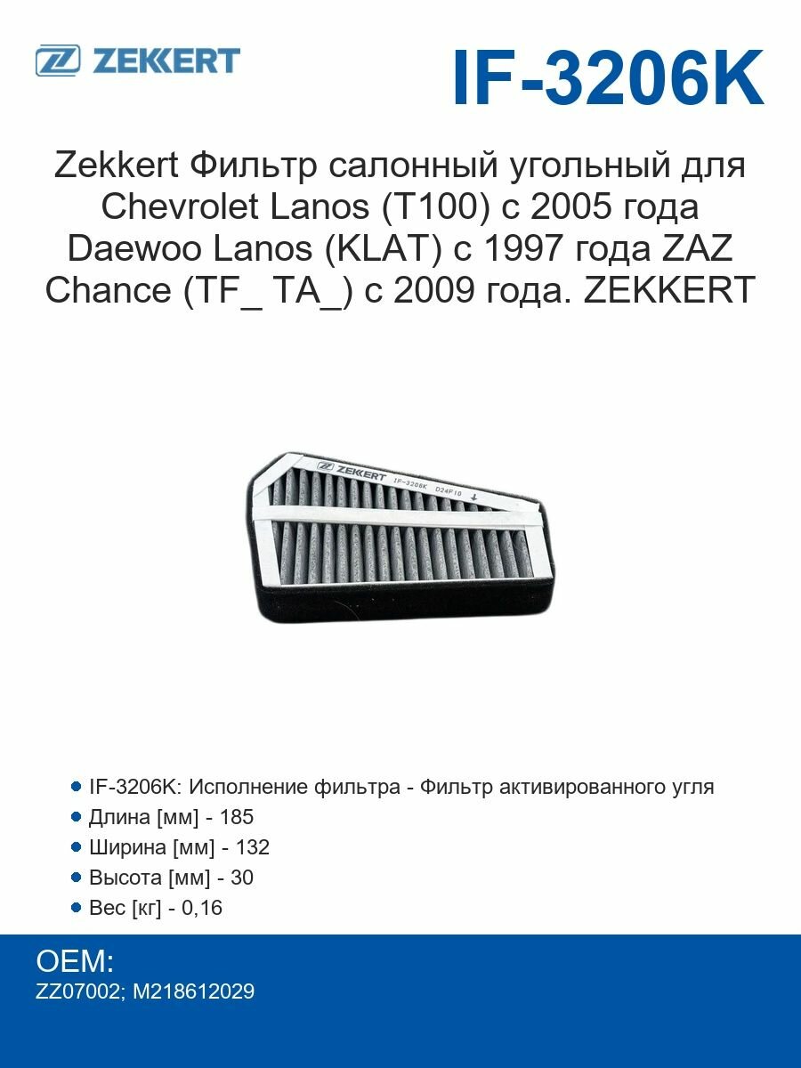 Zekkert Фильтр салонный угольный для Chevrolet Lanos (T100) с 2005 года Daewoo Lanos (KLAT) с 1997 года ZAZ Chance (TF_ TA_) с 2009 года. ZEKKERT