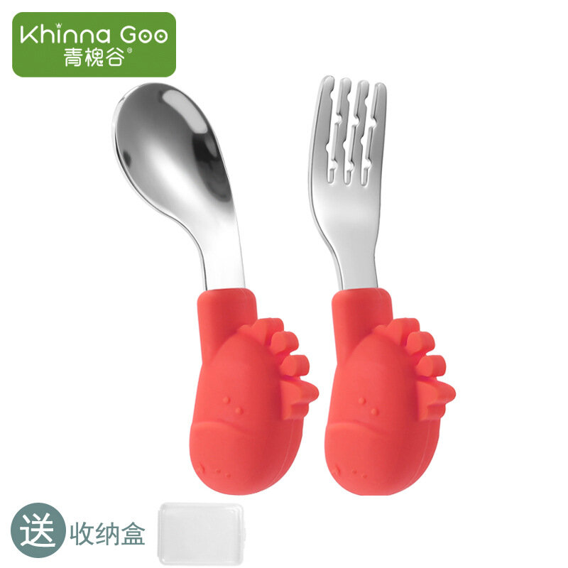 Вилка и ложка из нержавеющей стали Qinghuai Valley для обучения еде, короткая ручка, детская посуда, тренировочная вилка и ложка для детского питания