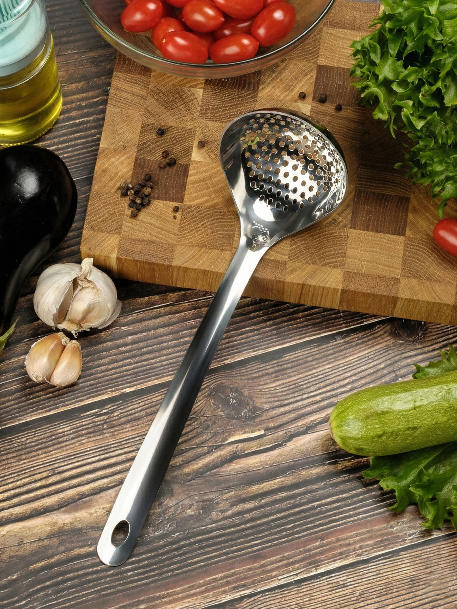 Половник шумовка стальная, размер 28 х 8 х 2.5 см / Шумовка глубокая, диаметр 8 х 2.5 см / Шумовка поварёшка