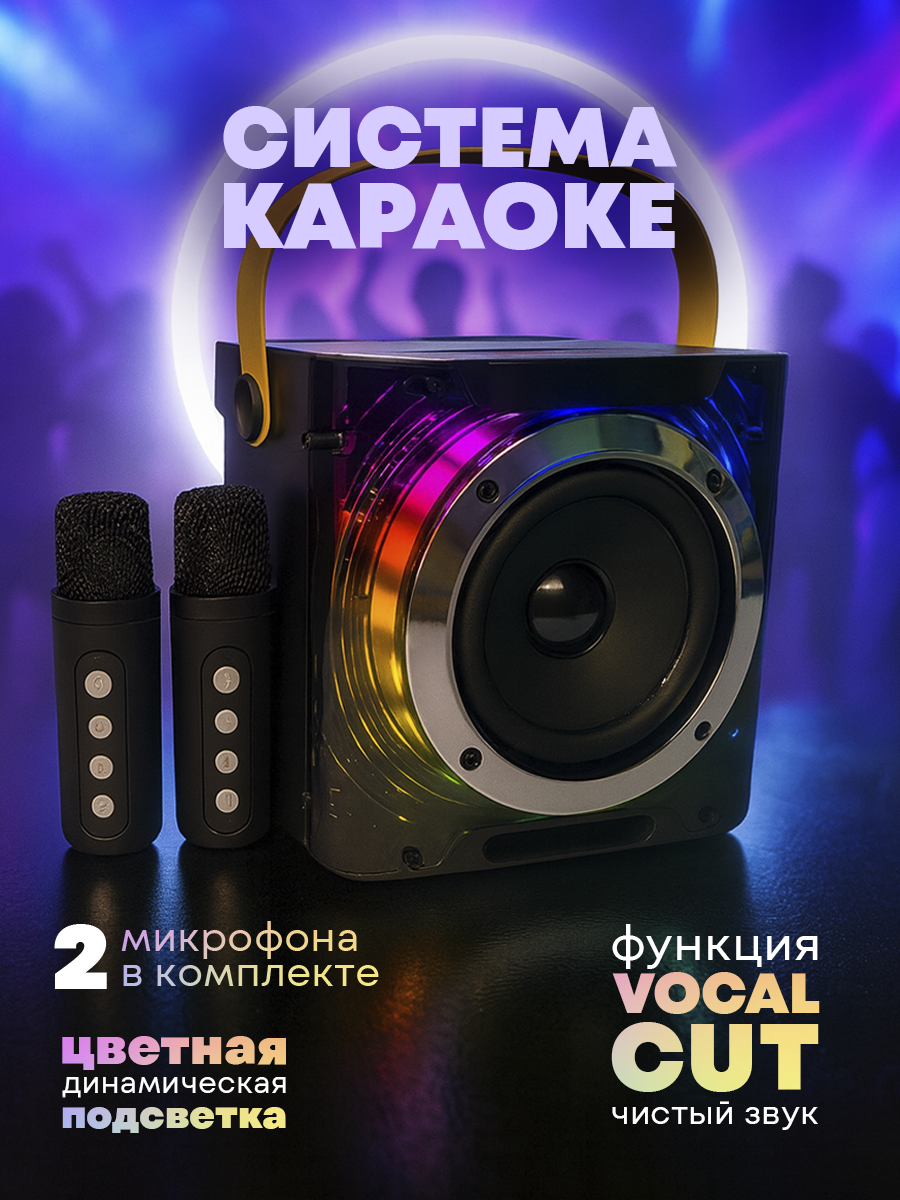 Портативная караоке система с двумя Bluetooth микрофонами, 20 Вт, АКБ 2000 мА*ч, 6 часов работы, для дома и природы