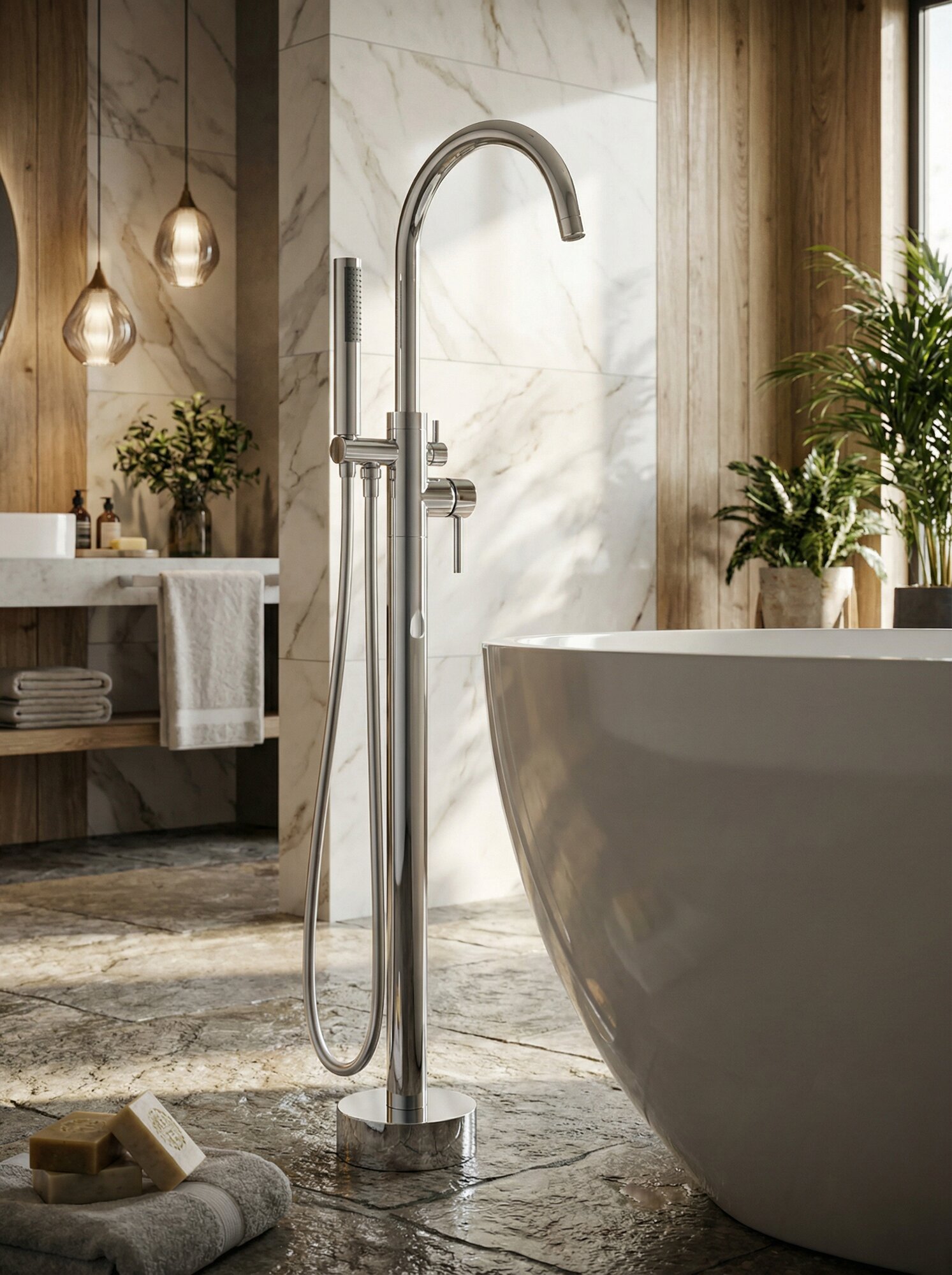 Смеситель для ванны ESKO F1 напольный, латунь категории А, лейка+шланг