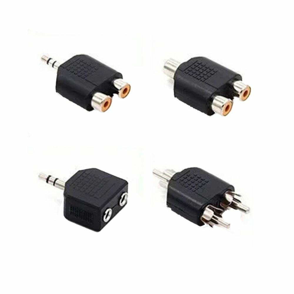 Адаптер-конвертер для подключения акустических систем: штекер 6,35/6,5 мм на стерео/моно разъем 3,5 мм, гнездо 2 RCA штекера.